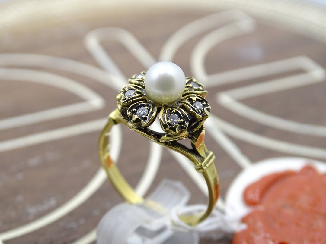 18kt Vintage Old Style Diamond Engagement Ring, Real Pearl Ring, Estate ...