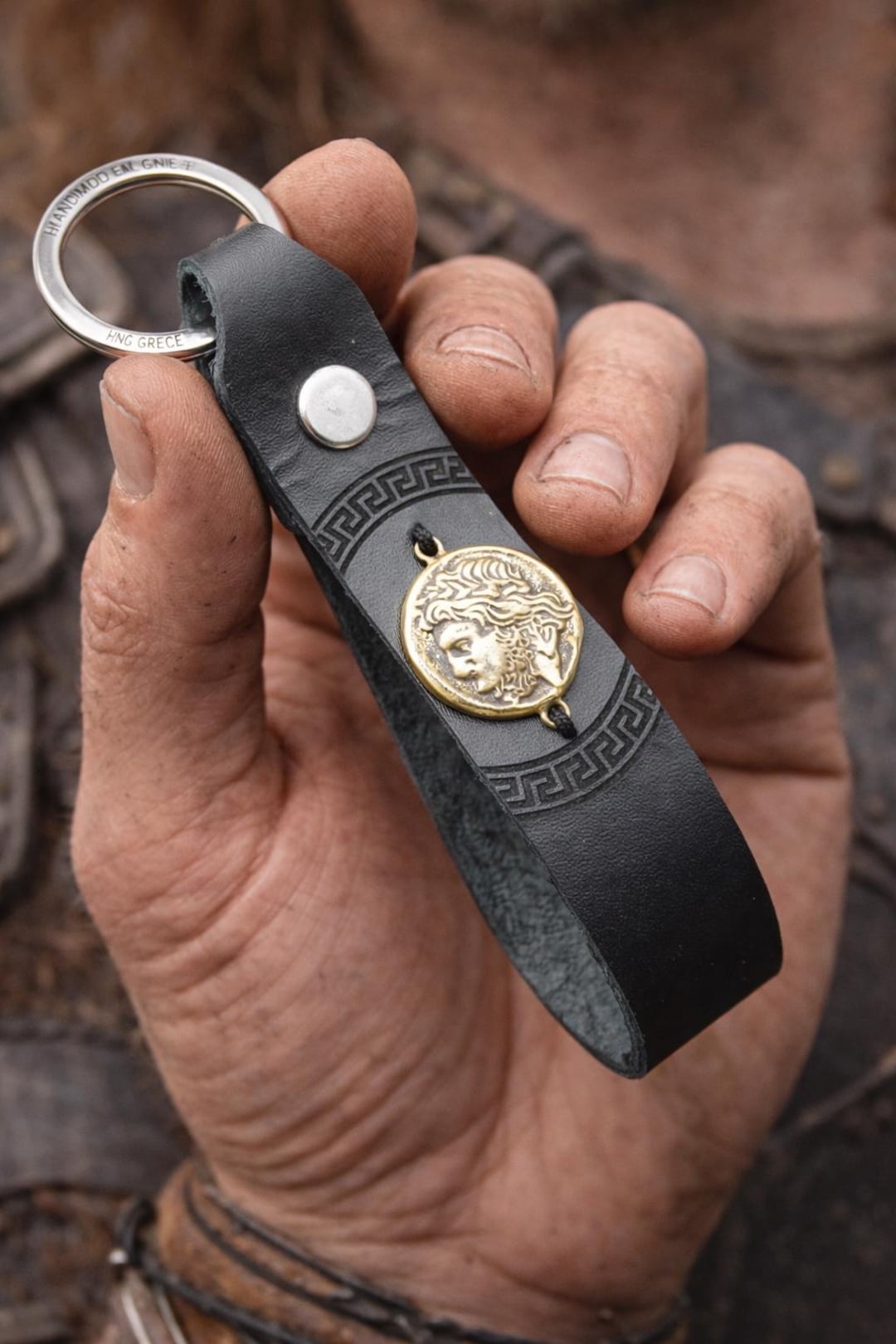 Black Leather Keychain With Zeus Coin | Handmade Greek Meander | Unique ...