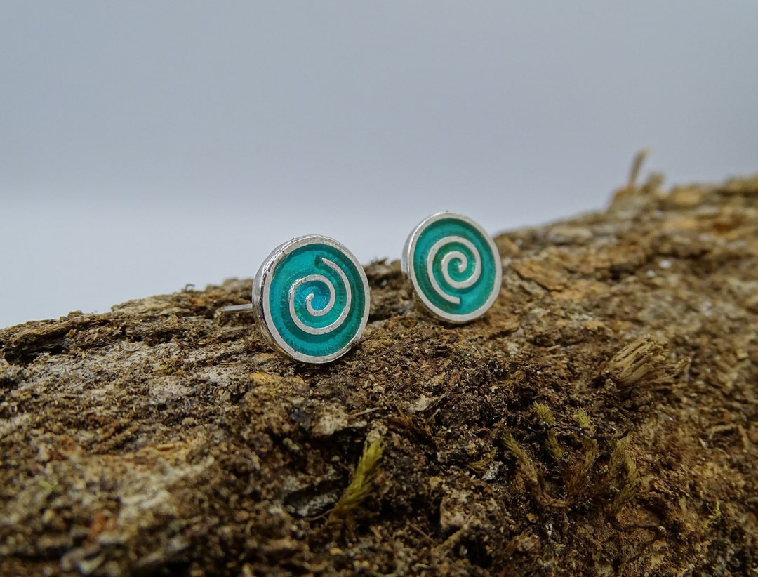 925 Sterling Silver Greek Spiral Symbol Earrings With Turqouoise Enamel ...