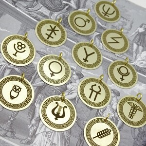 Greek Gods and Goddess Symbol Pendant, Custom Greek Jewelry Brass Charm ...