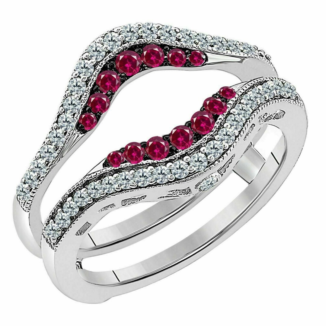 Enhancer Bands, 1.60 Ct Red Ruby and Diamond Double Row Chevron Style ...
