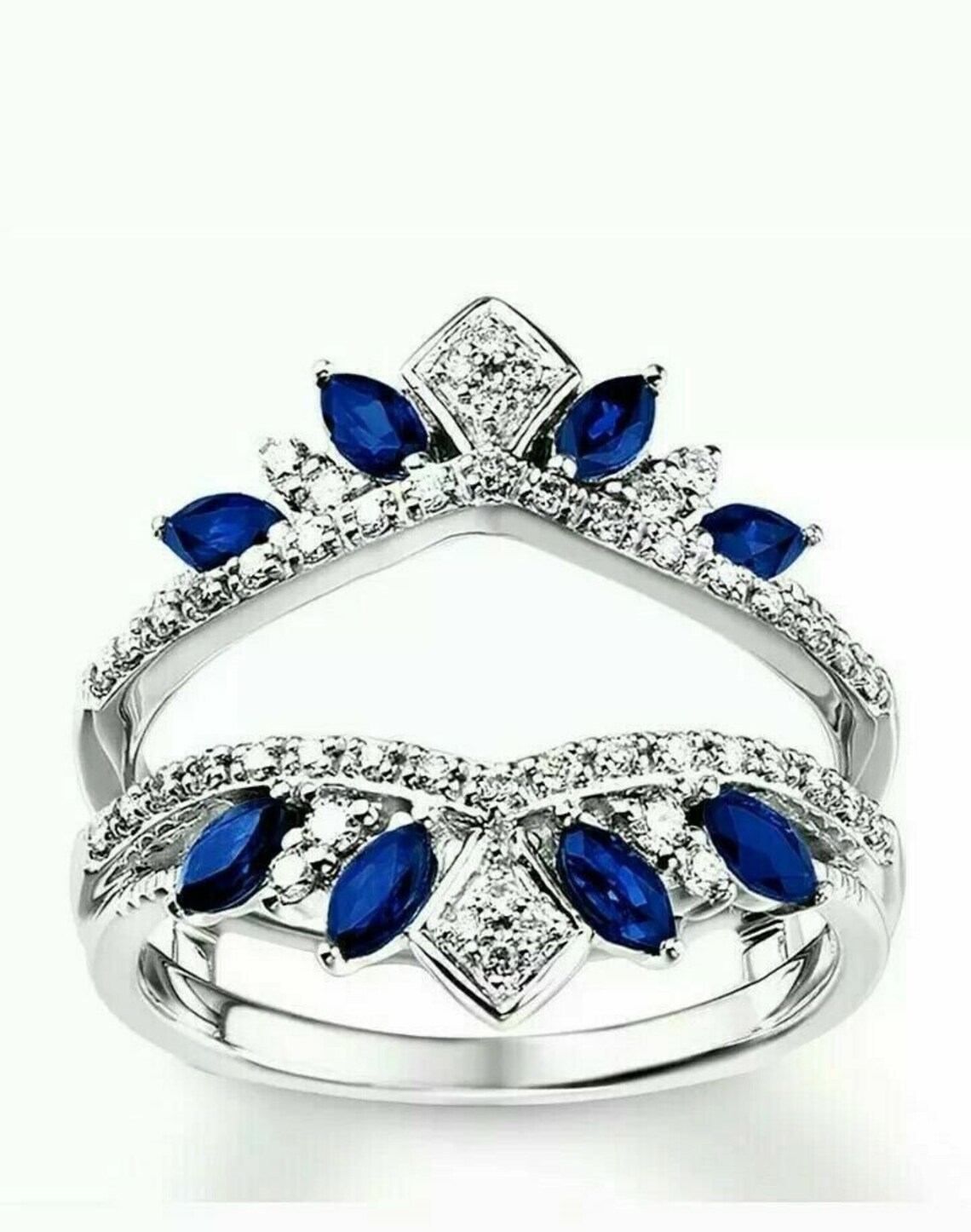 Sterling Silver Enhancer Ring Set, Blue & White CZ Guard Wrap - Etsy