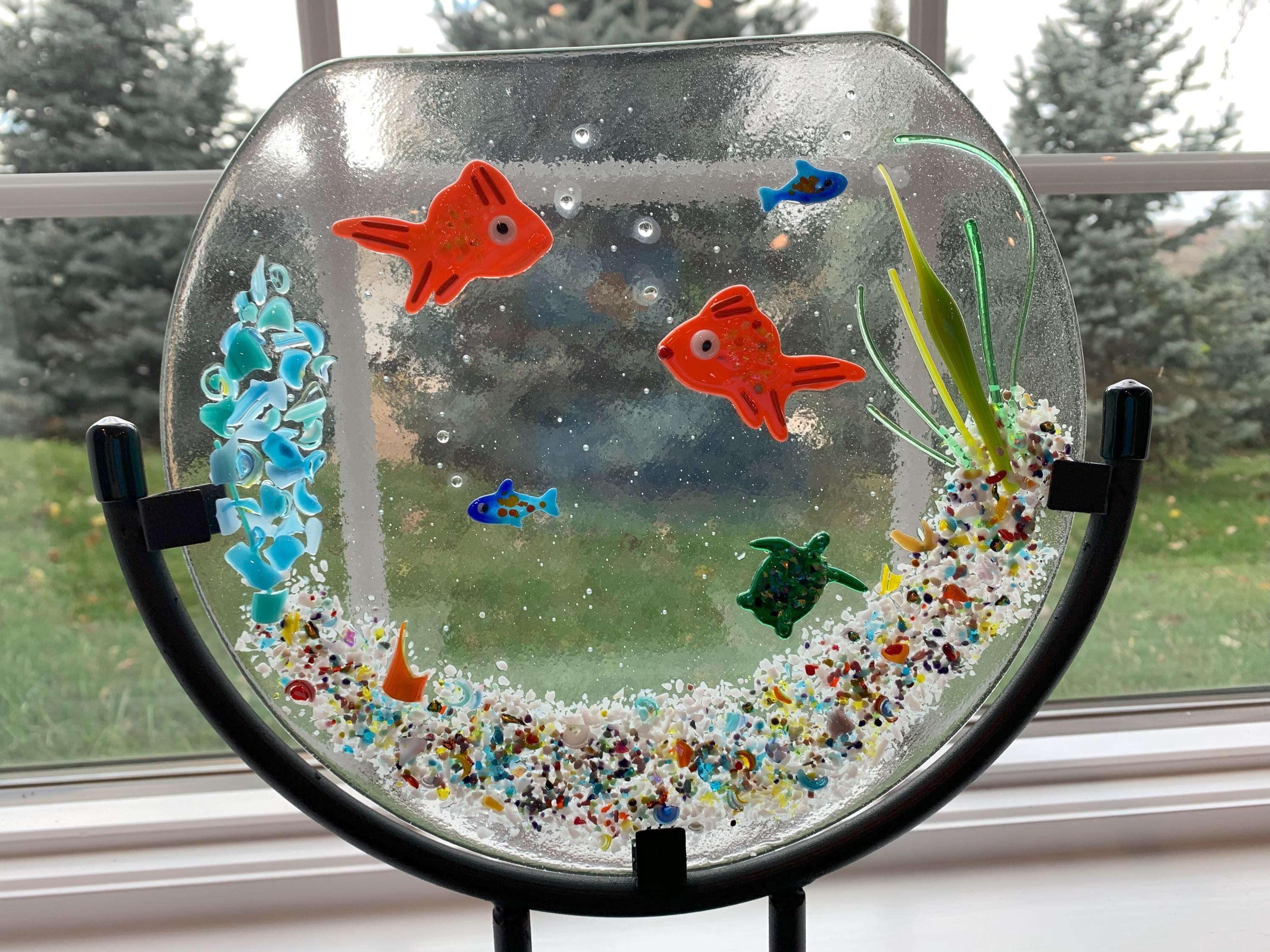 Handmade, Fused Glass Fishbowl Suncatcher -- Two Goldfish and Friends ...
