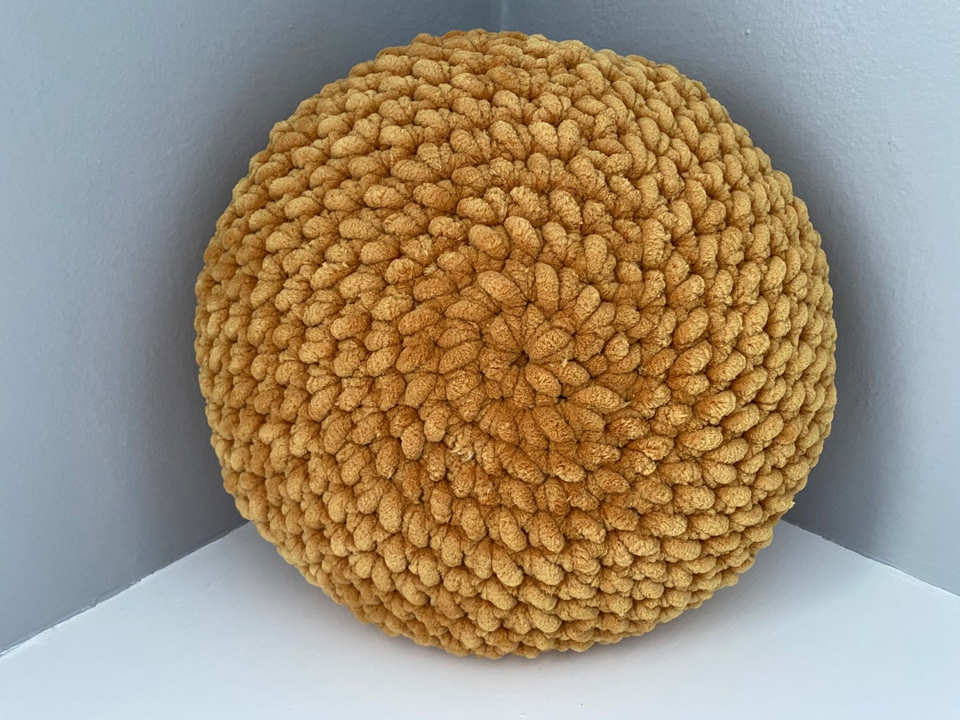 Yellow Round Pillow, Mustard Round Pillow, Decorative Pillow, Crocheted ...