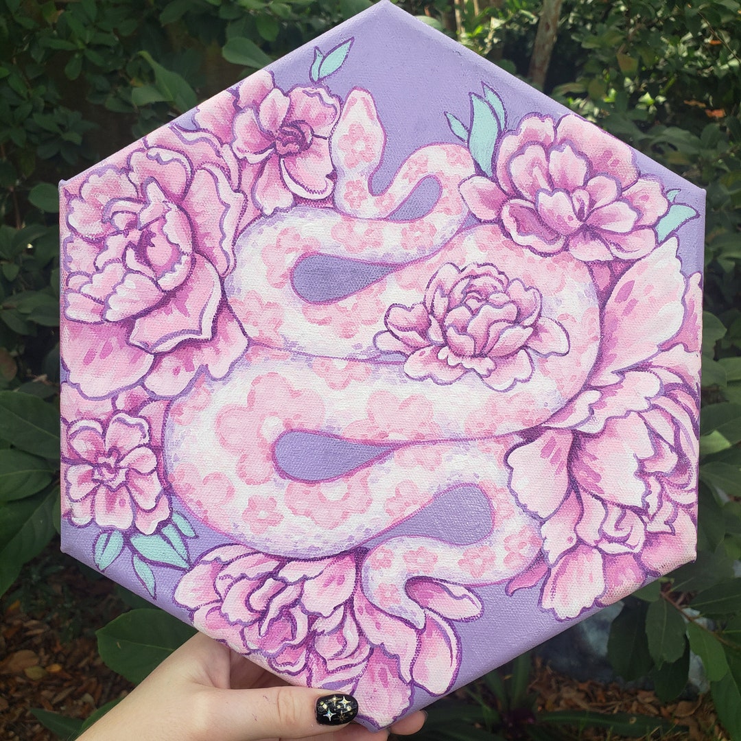 Original Acrylic Painting Flower Power Pink and Purple Snake Hexagonal ...