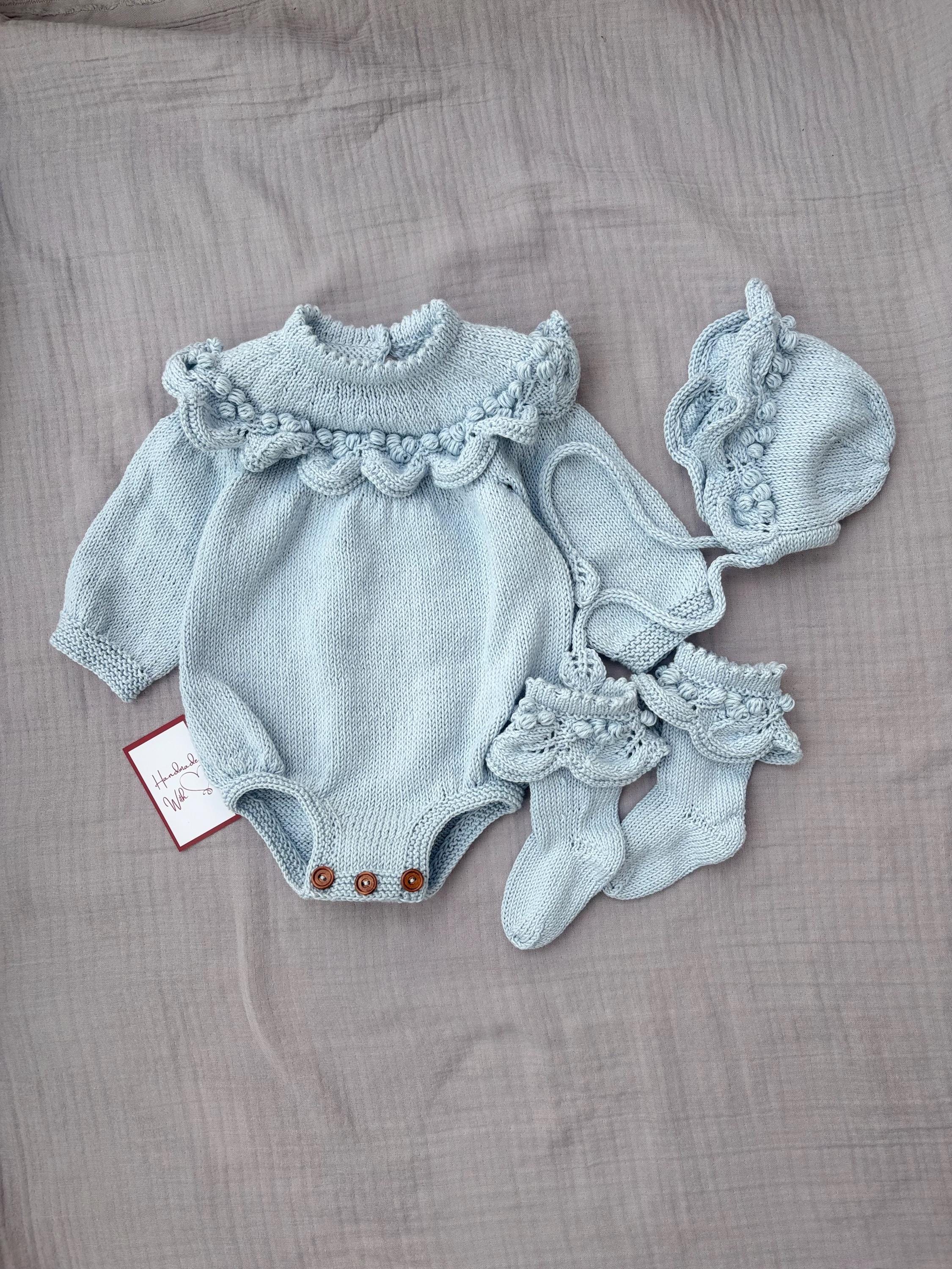 Hand Knitted Baby Romper Set: Sky Blue Cotton Outfit - Etsy