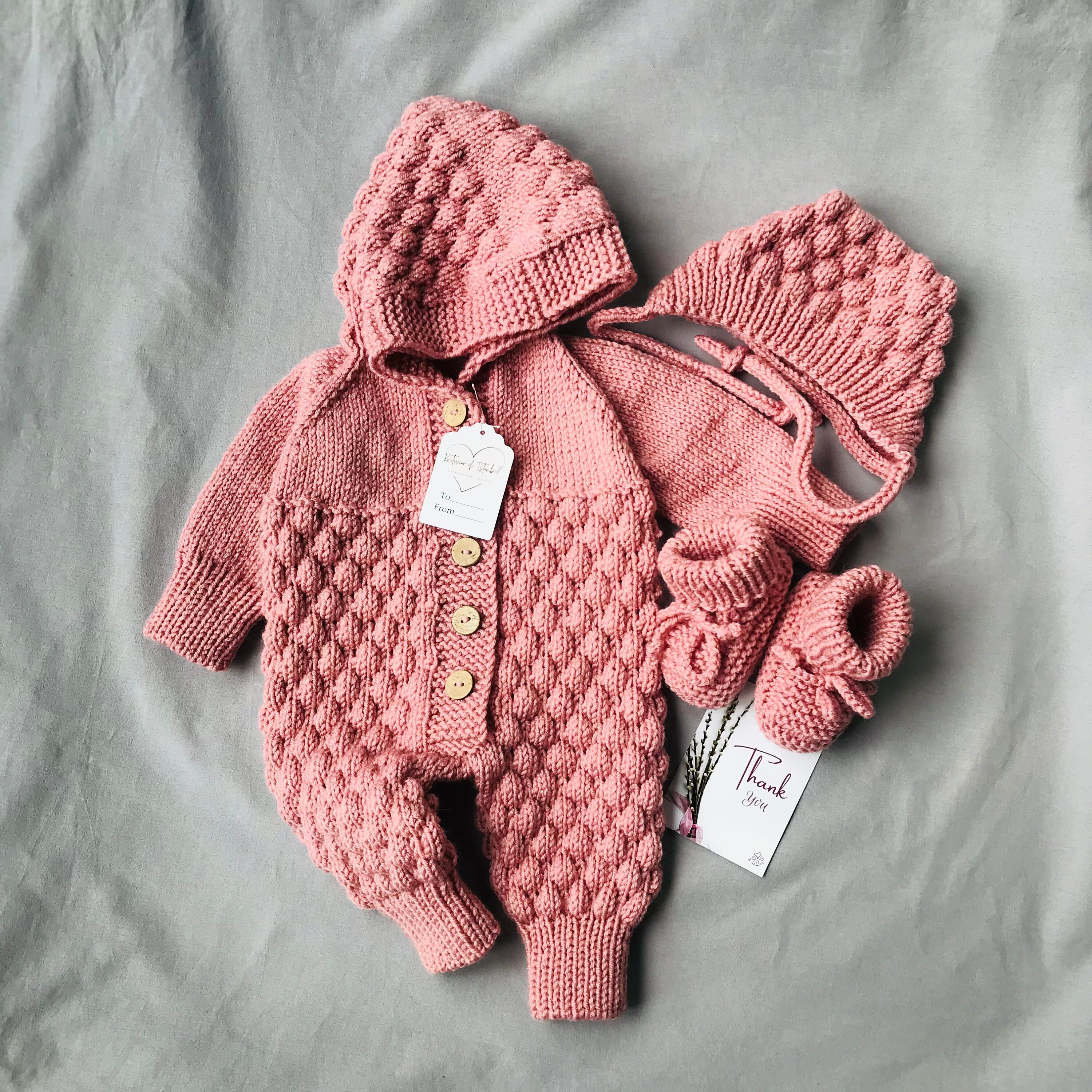 Wool Knitted Baby Romper Set: Pink Jumpsuit, Booties, and Bonnet - Etsy