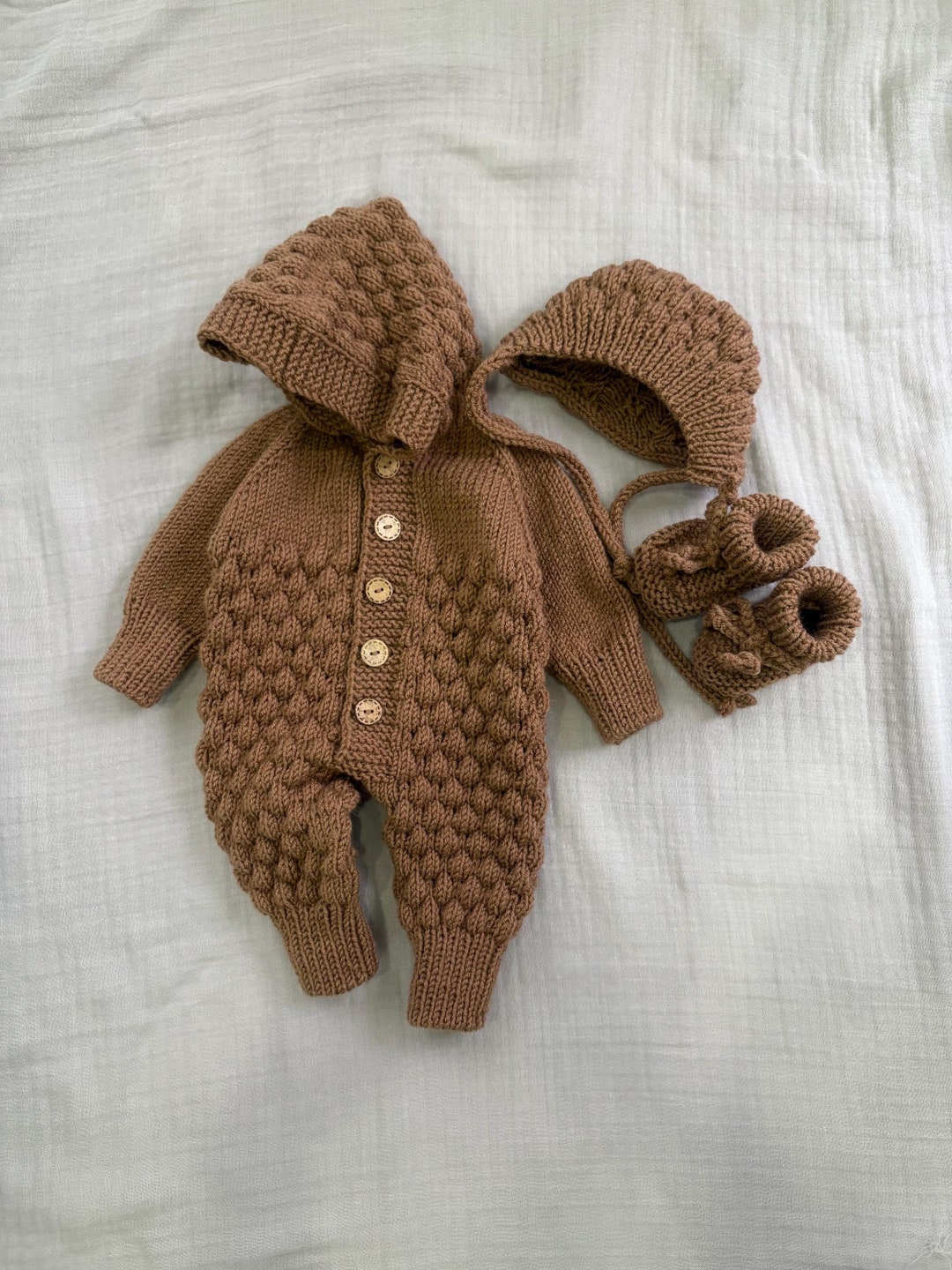 Hand Knit Wool Baby Jumpsuit Set: Romper, Bonnet & Booties - Etsy