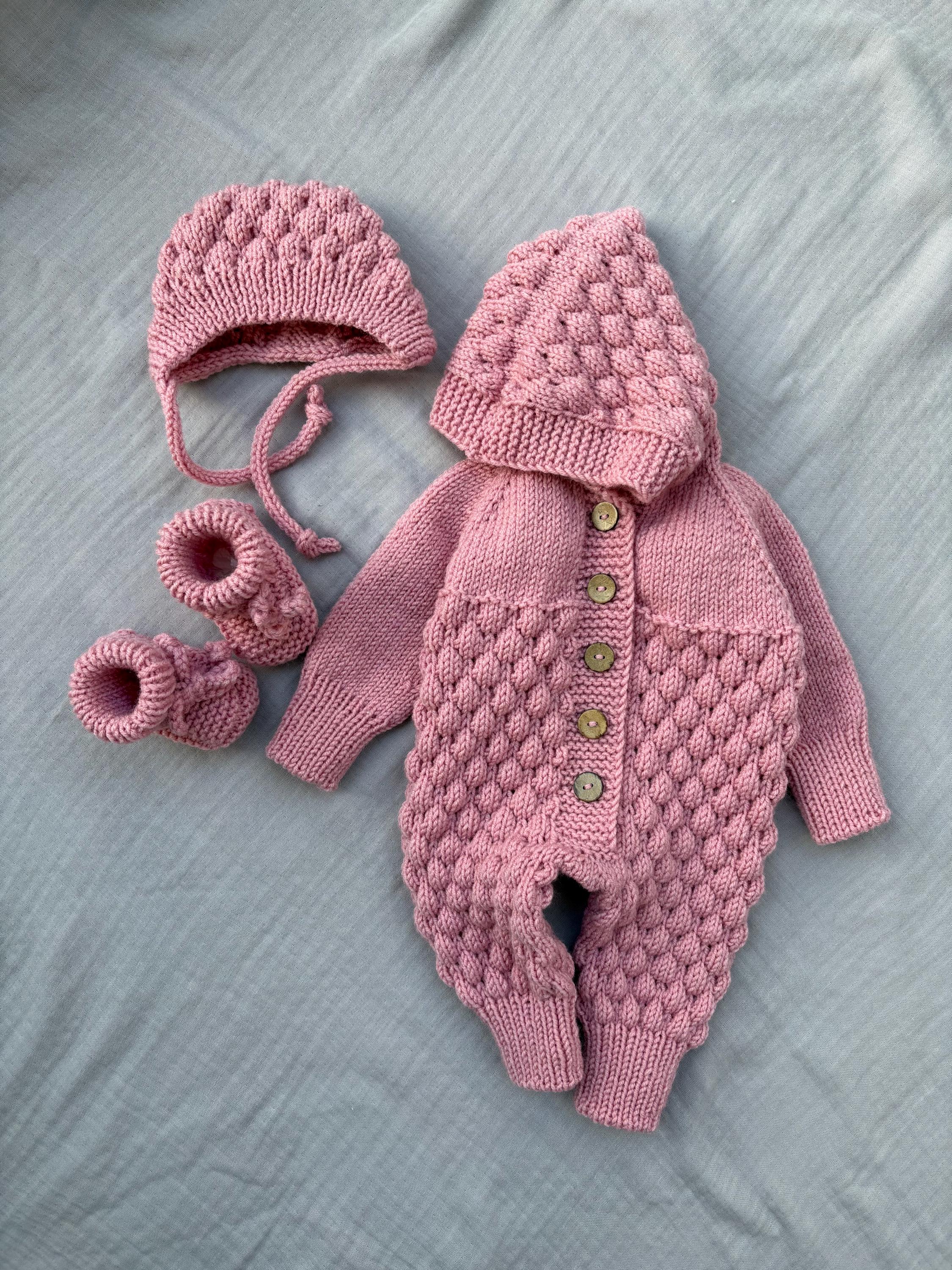 Wool Knitted Baby Romper Set: Pink Jumpsuit, Booties, and Bonnet - Etsy