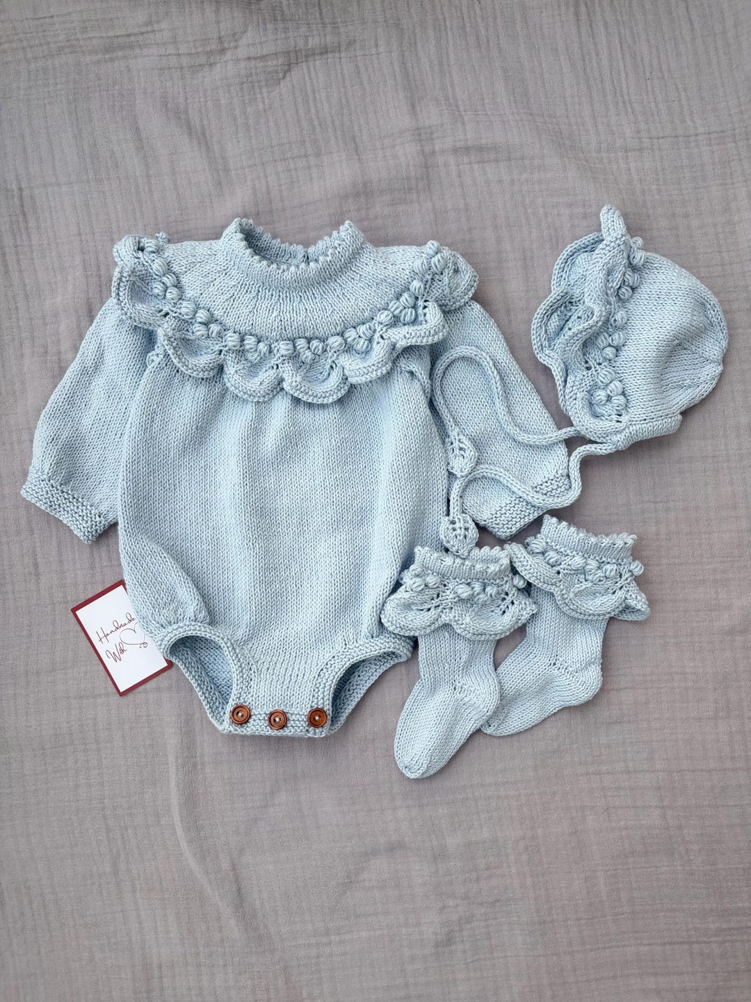 Hand Knitted Baby Romper Set: Sky Blue Cotton Outfit - Etsy
