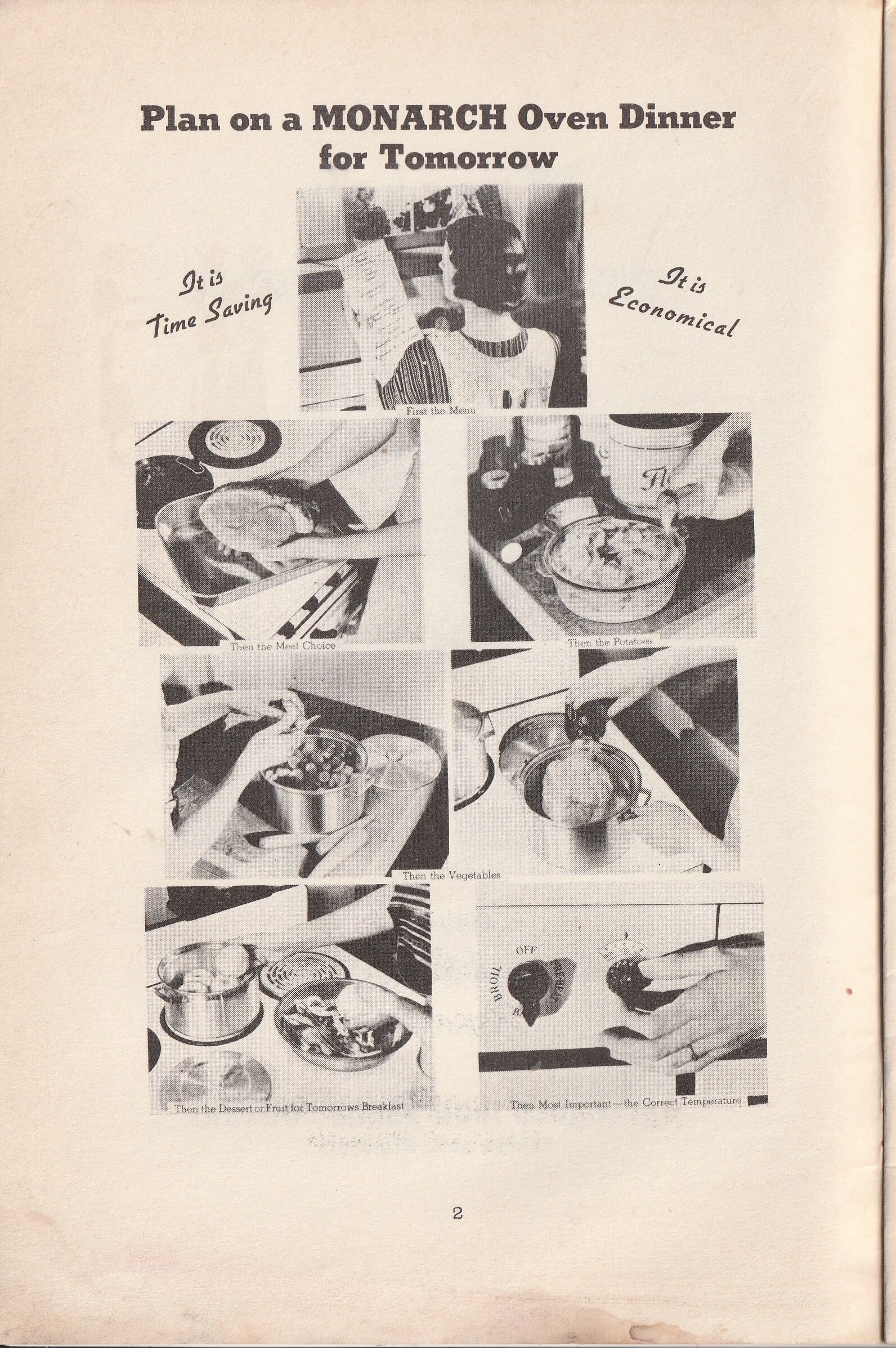 Monarch Electric Oven Dinner Menus Whole Meals Prepared at One Time ...