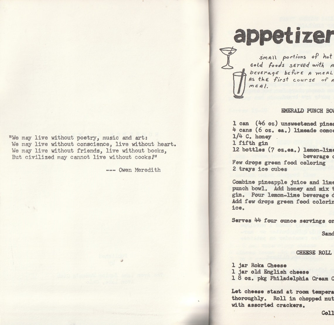 Homespun Cookery Avon Lake Ohio Junior Women's Club Appetizers Salads ...
