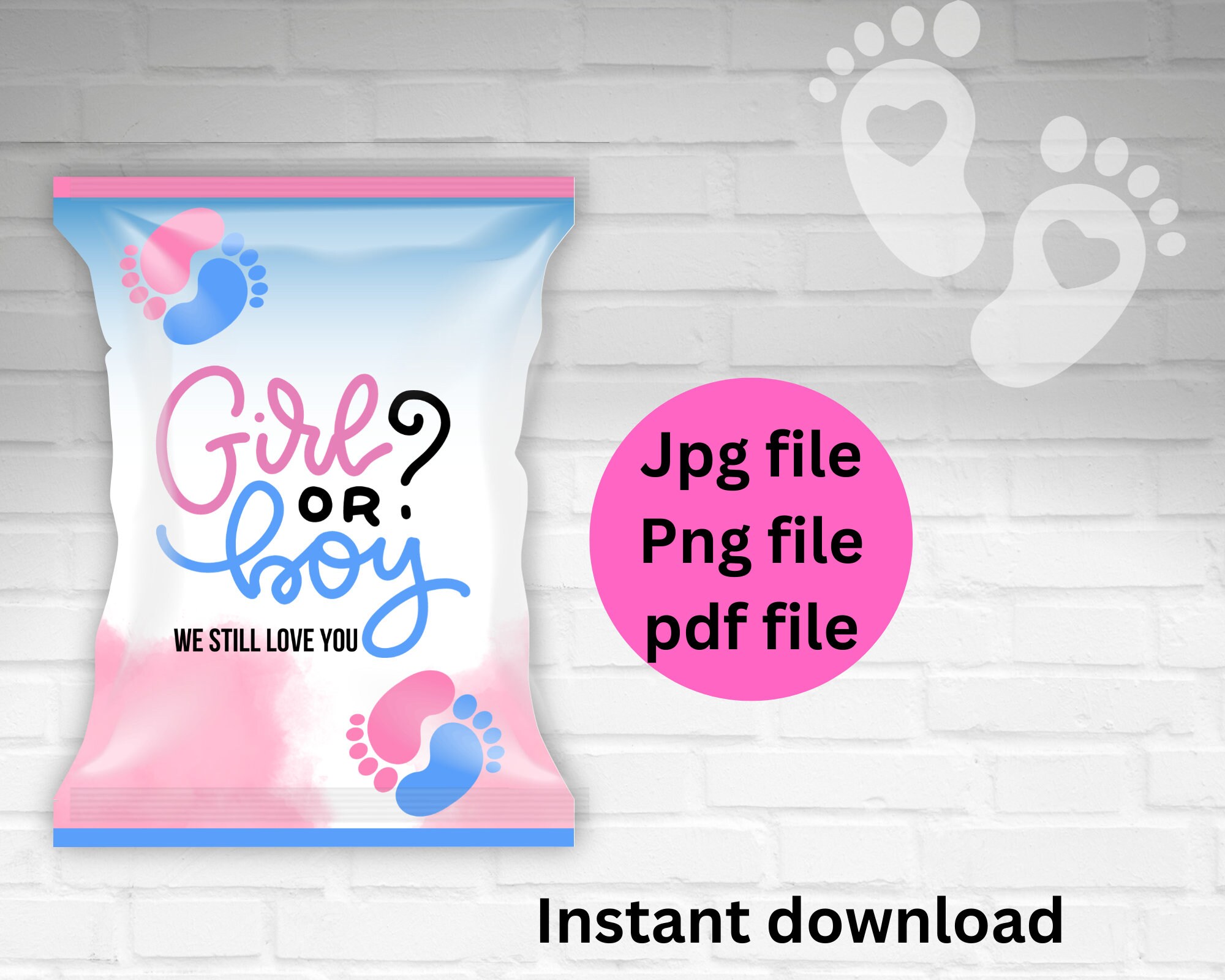 Gender Reveal Chip Bag Template Boy or Girl Instant File Download Party Favor Pink or Blue ...