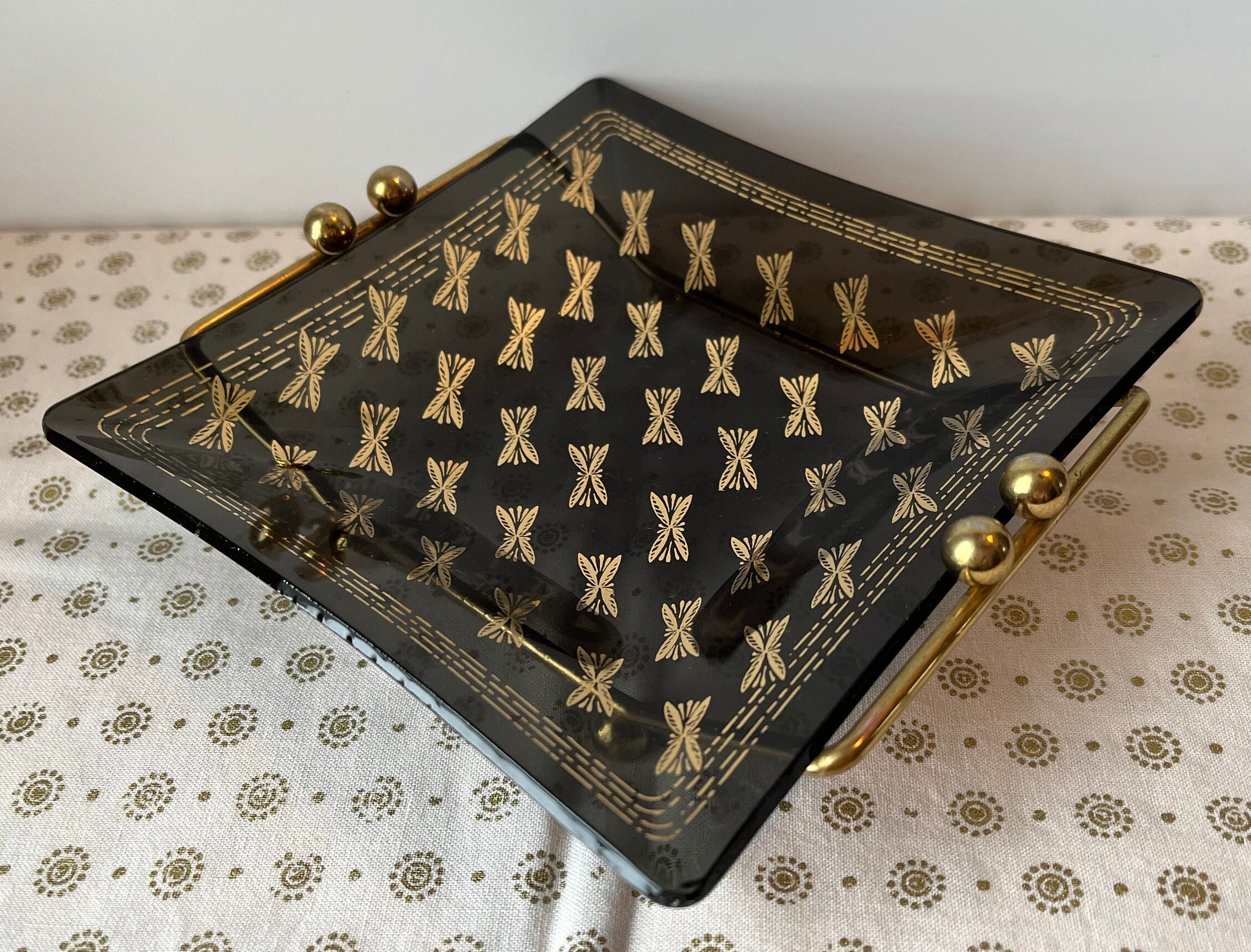 MCM Vintage Ceraglass Black Glass Trinket Tray With Gold - Etsy