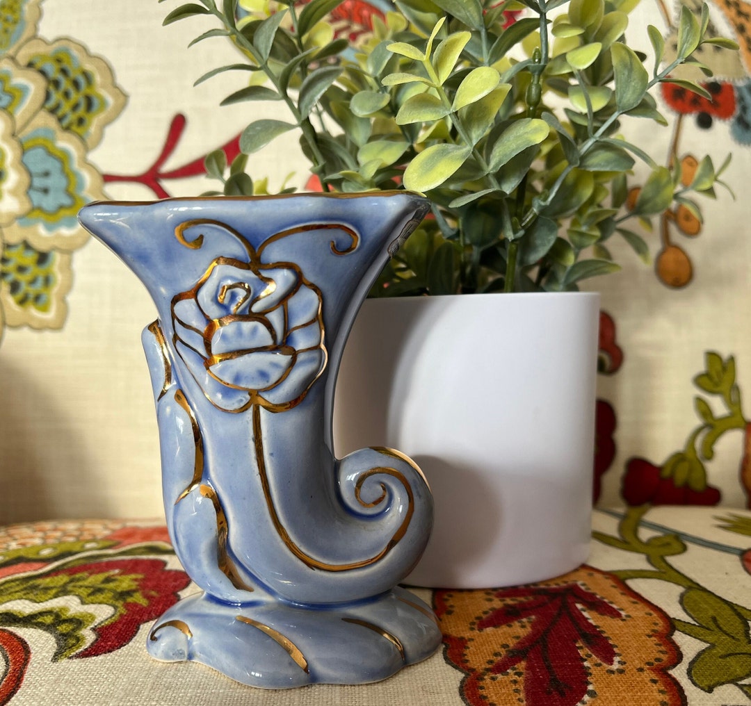 Blue Ceramic Cornucopia Vase With Embossed Rose/vintage Horn of Plenty ...
