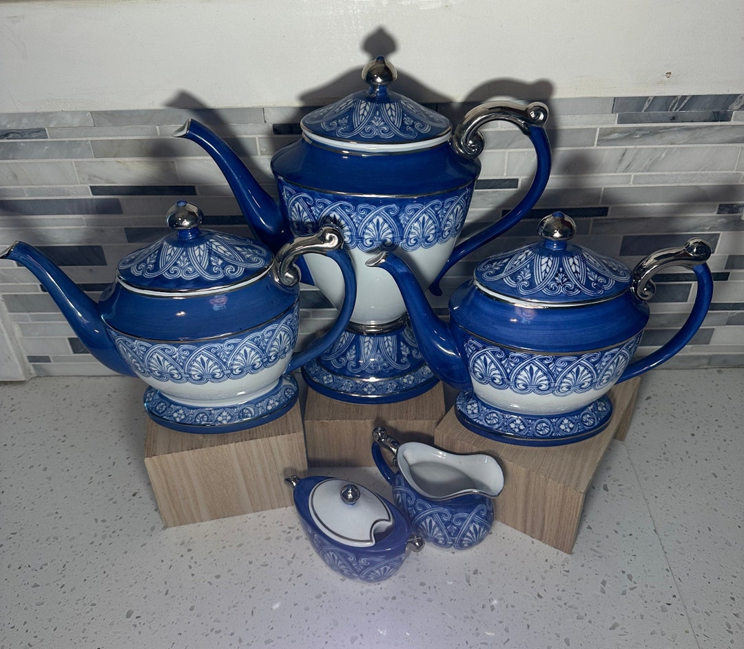 Bombay Vintage Cobalt Blue and White Arabesque Tile Pattern Teapot/coffeepot/cream & Sugar Set ...