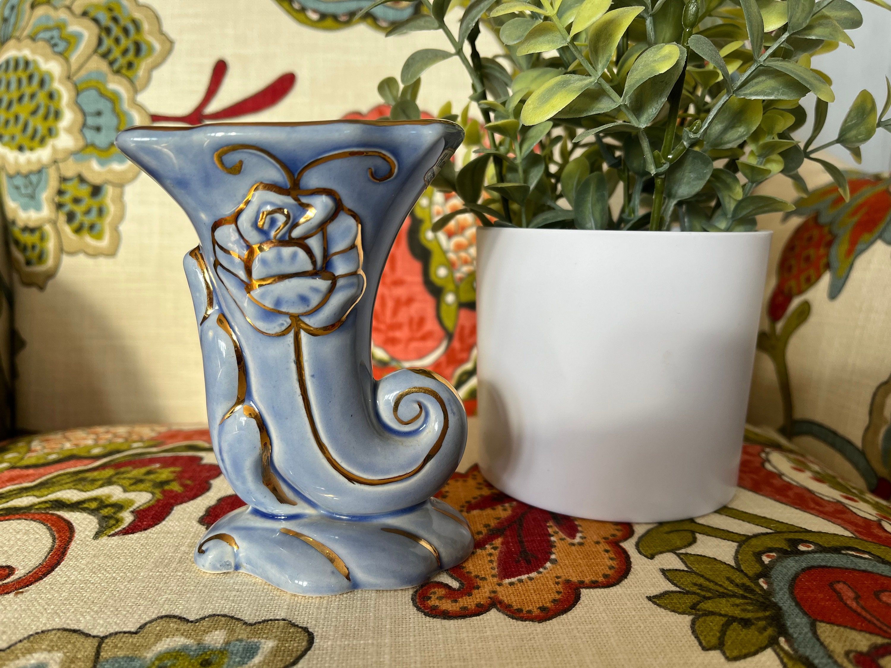 Blue Ceramic Cornucopia Vase With Embossed Rose/vintage Horn - Etsy