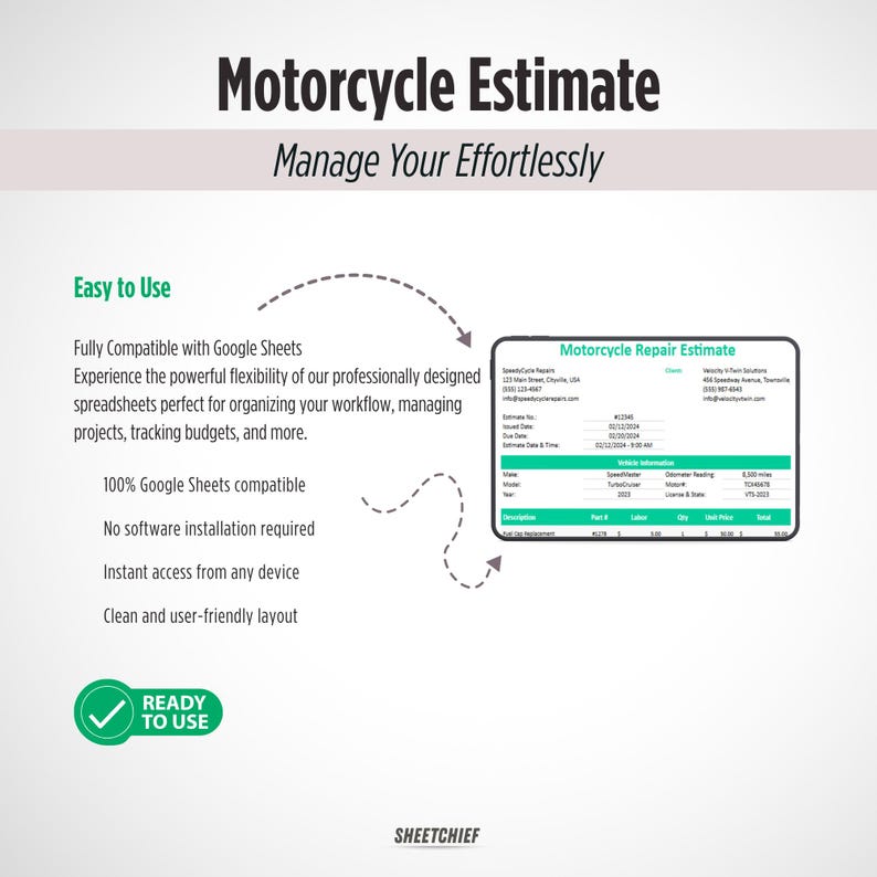 Motorcycle Repair Estimate | Google Sheets Template | Service Cost and ...