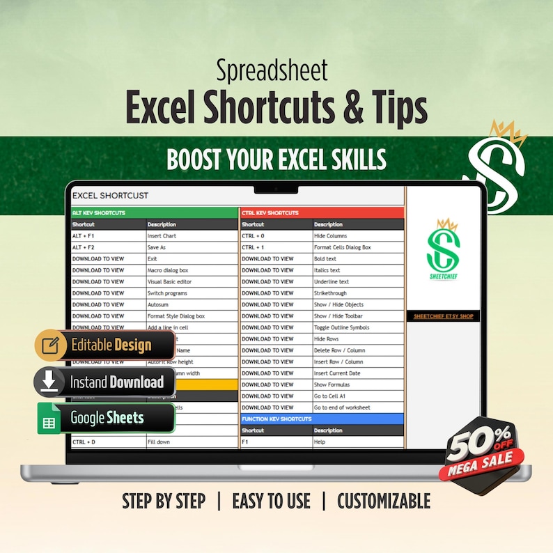 Excel Shortcuts and Formulas Guide | Printable Reference Sheet ...