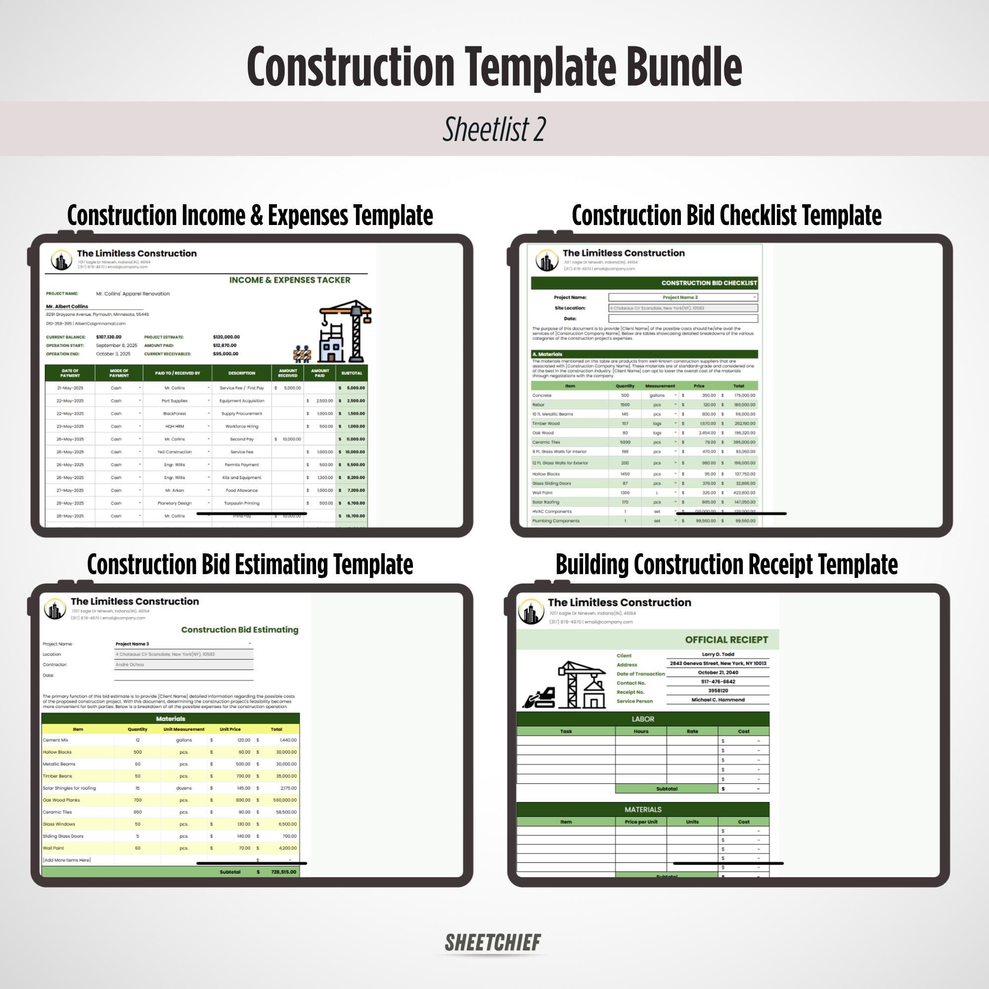 Construction Template Bundle 20+ | Google Sheets | Essential Tools for ...
