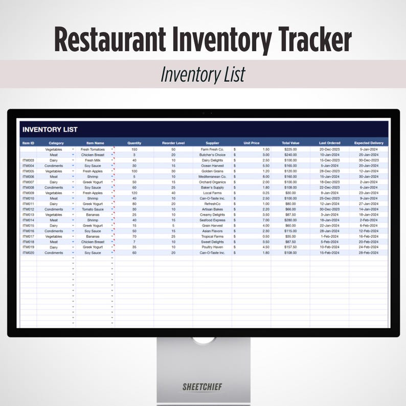 Restaurant Kitchen Inventory | Google Sheets Template | Food Cost ...