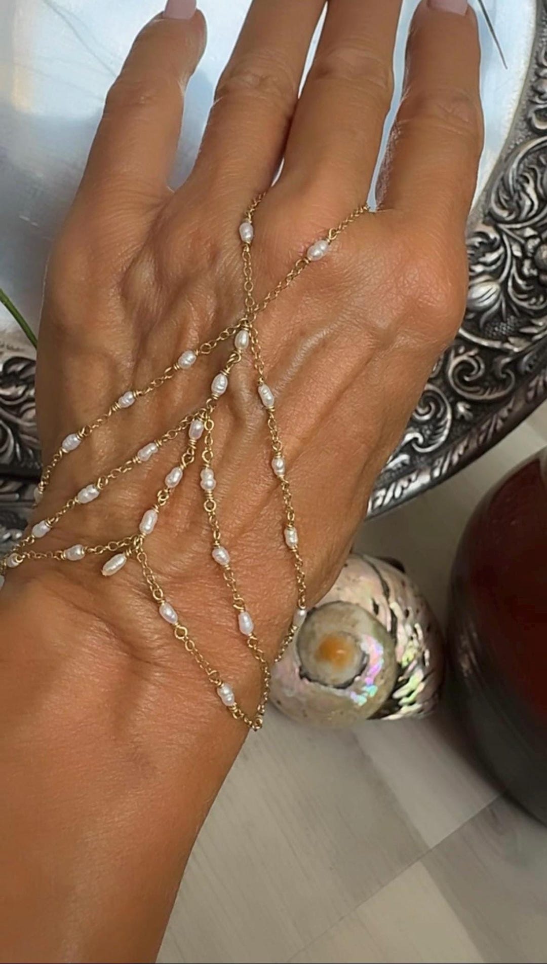 14K Gold-filled & Pearls Hand Chain, Fingerlet, Finger Chain, Boho ...
