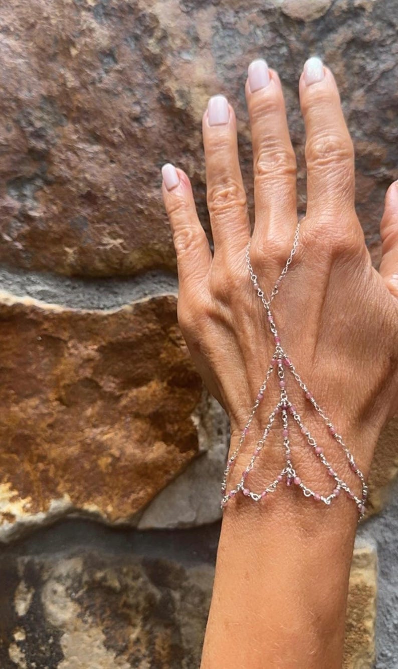 Sterling Silver Hand Chain With Pink Tourmaline Elegant Daily Wear ...
