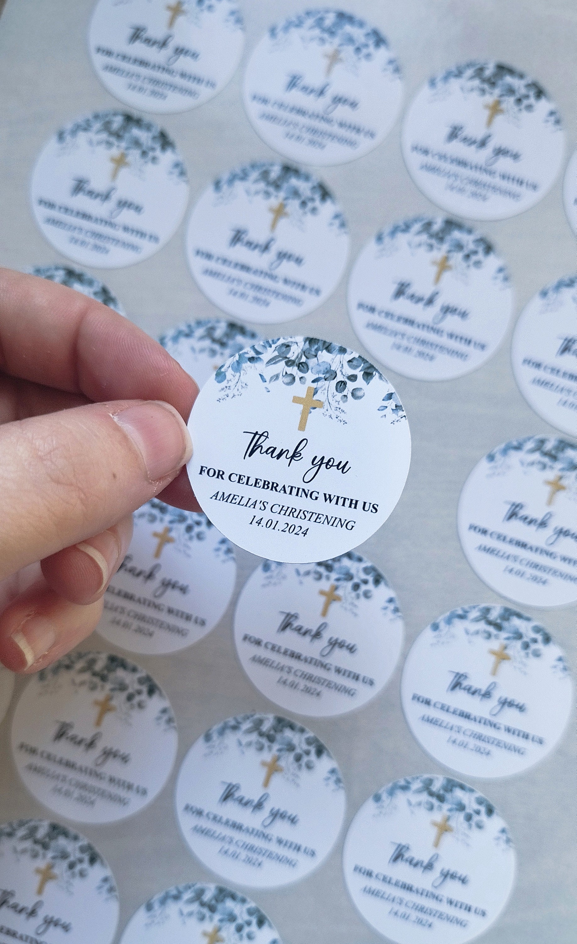 Custom Christening Stickers, Baby Baptism Labels, Greenery Eucalyptus ...