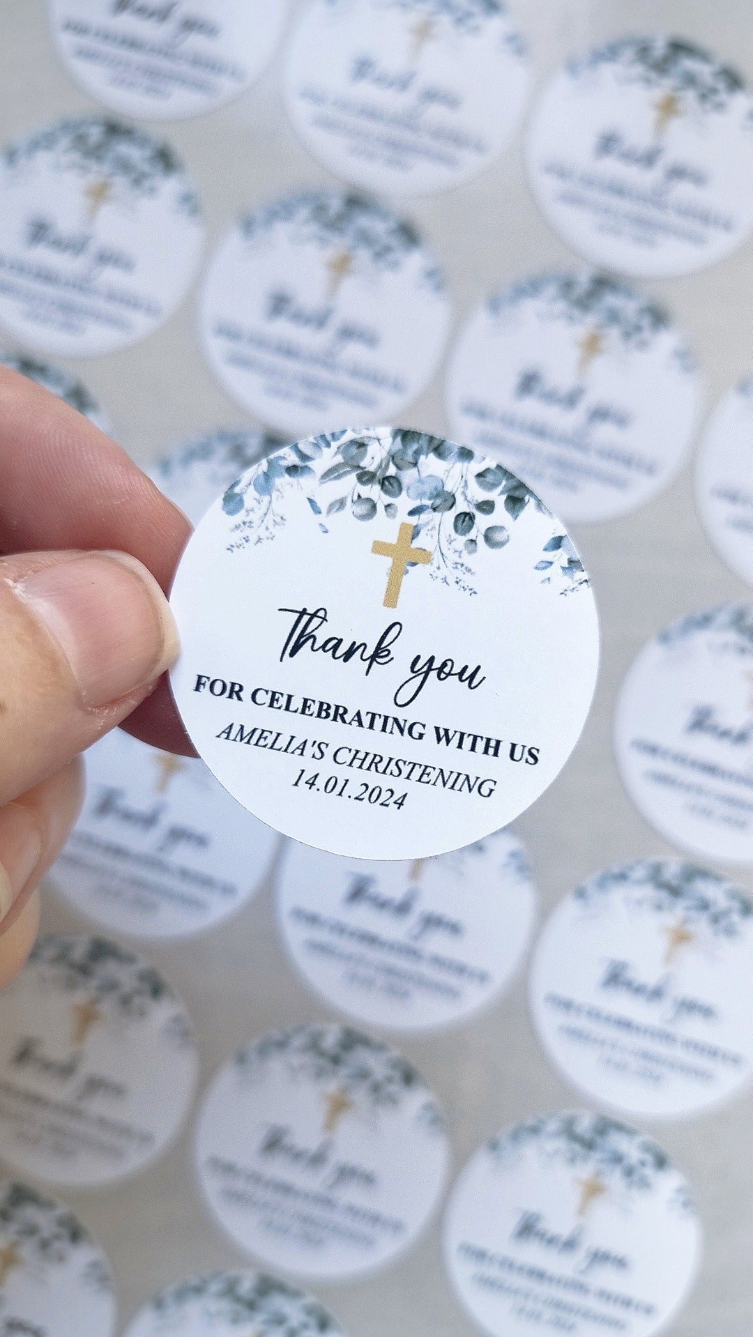 Custom Christening Stickers, Baby Baptism Labels, Greenery Eucalyptus ...