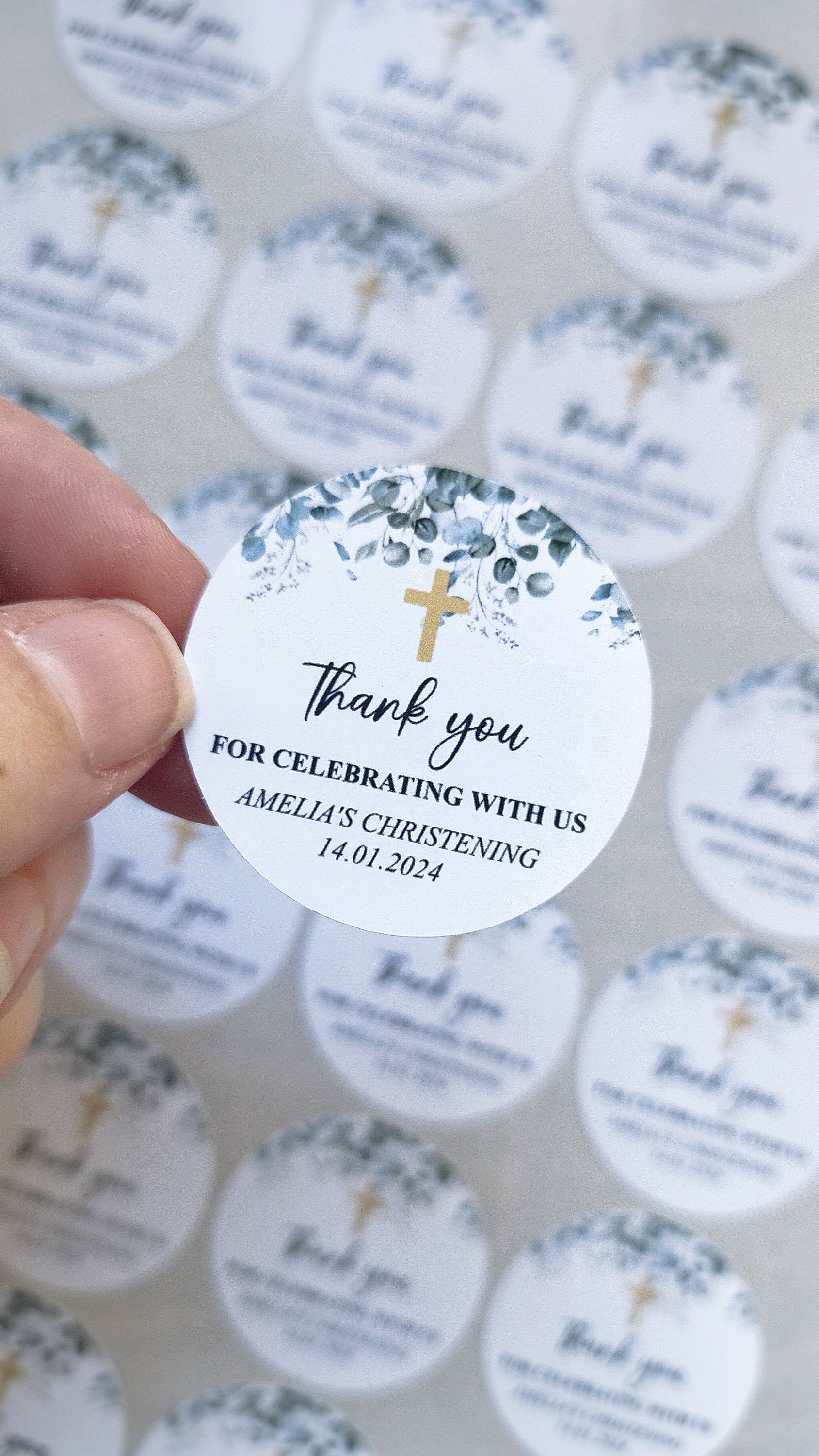 Custom Christening Stickers, Baby Baptism Labels, Greenery Eucalyptus ...
