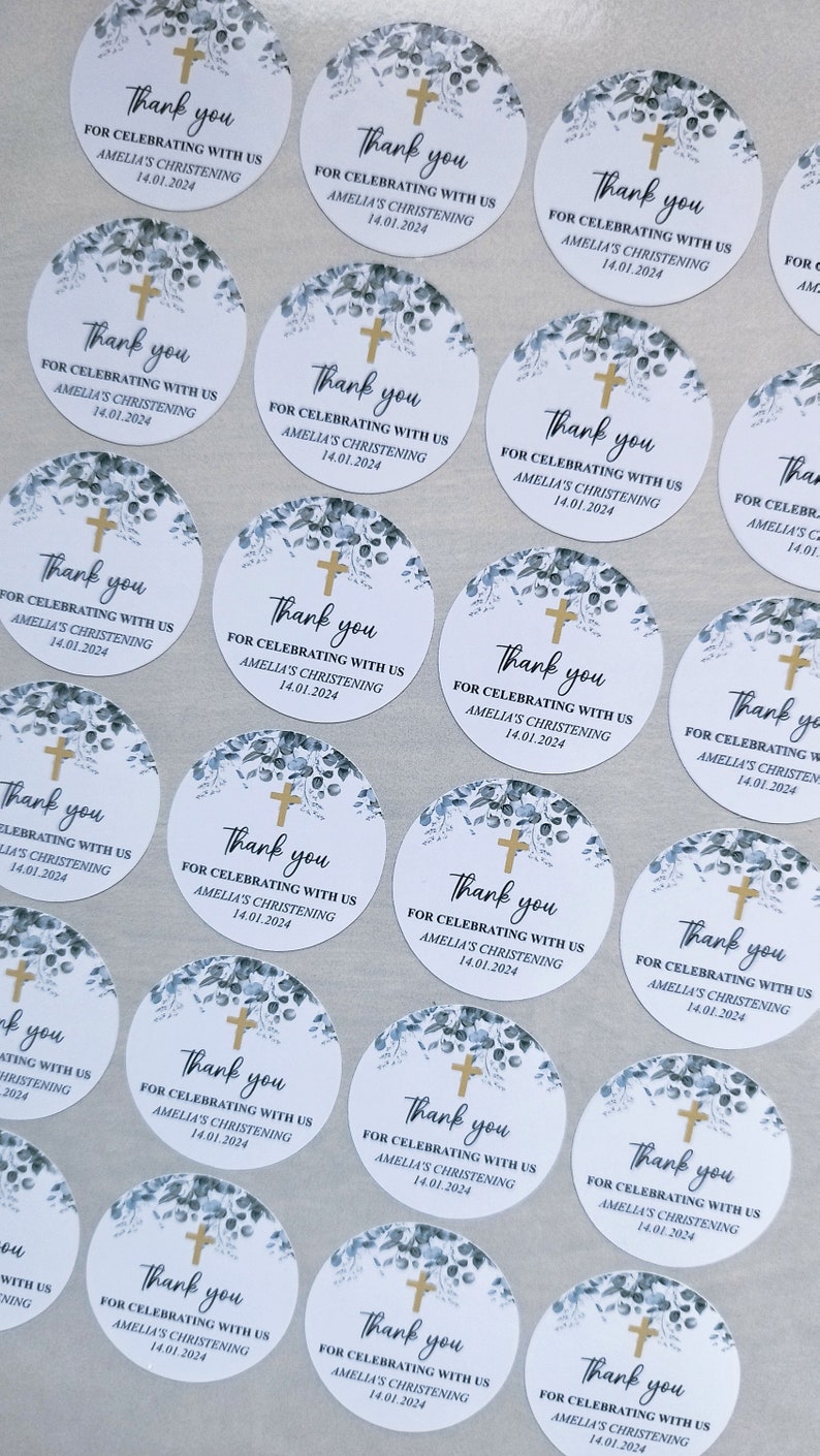 Custom Christening Stickers, Baby Baptism Labels, Greenery Eucalyptus ...