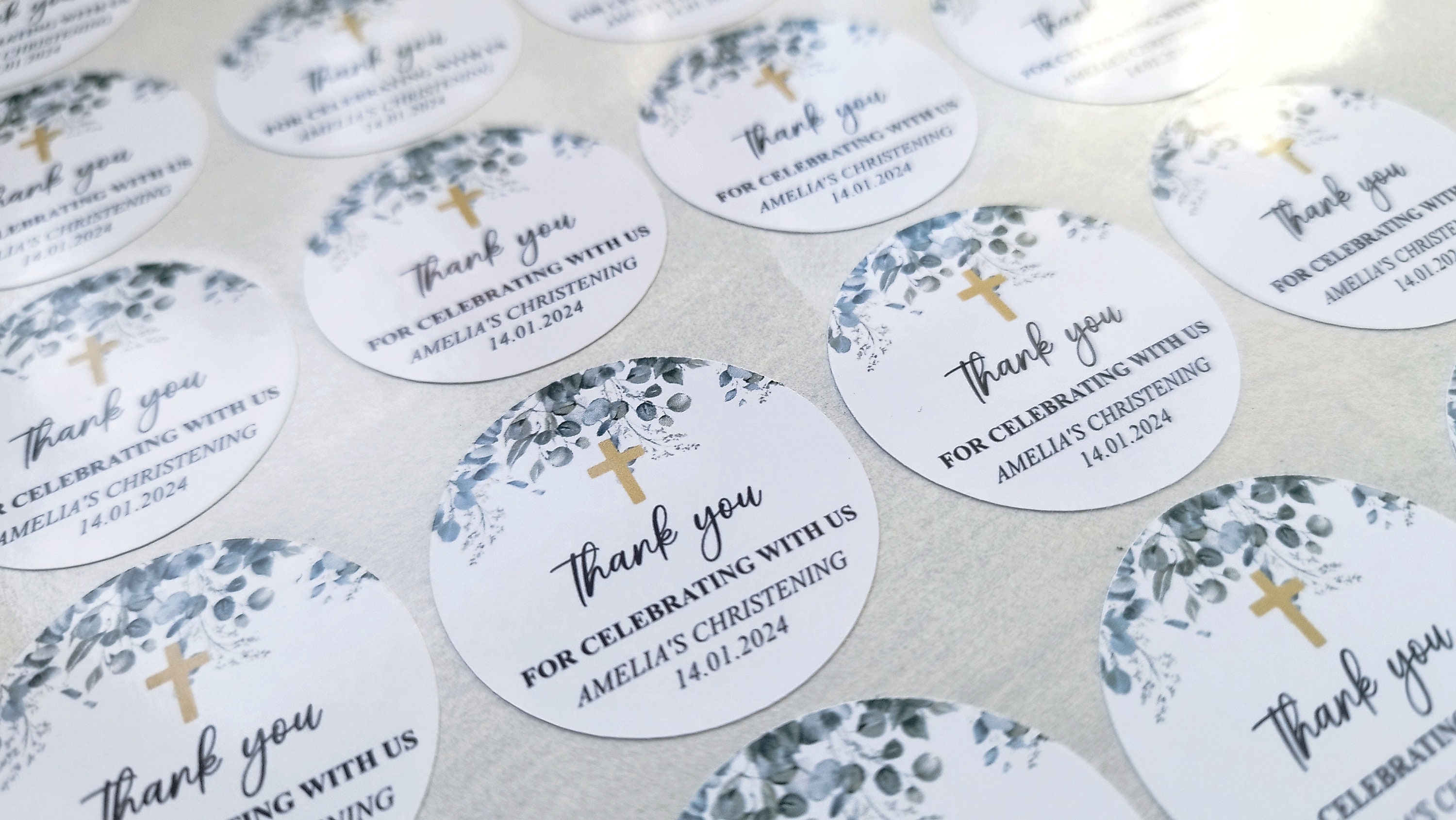 Custom Christening Stickers, Baby Baptism Labels, Greenery Eucalyptus ...