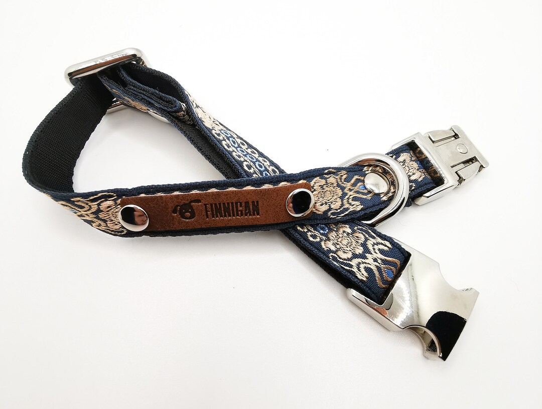 Blue & Gold Floral Rings Personalised Dog Collar UK, Free Dog Collar ...
