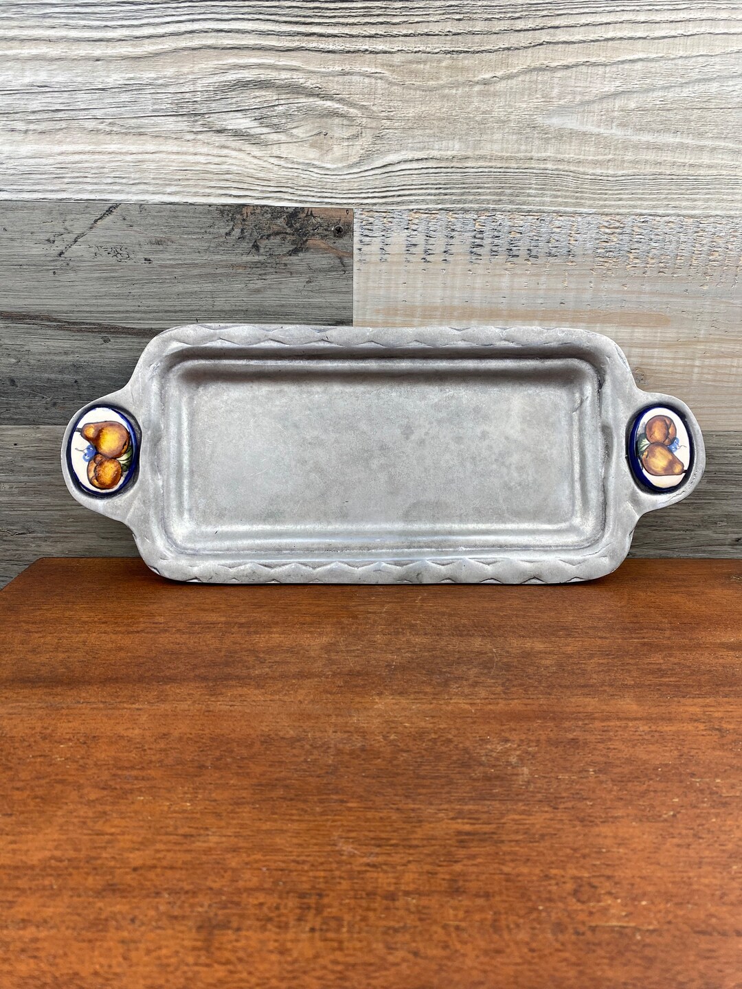 Farmhouse Vintage Pewter Tray With Ceramic Fruit Application on Handles ...
