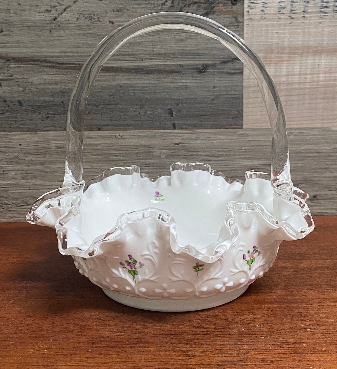 Fenton Silver Crest, Art Glass Basket violets in the Snow, Fenton Glass ...
