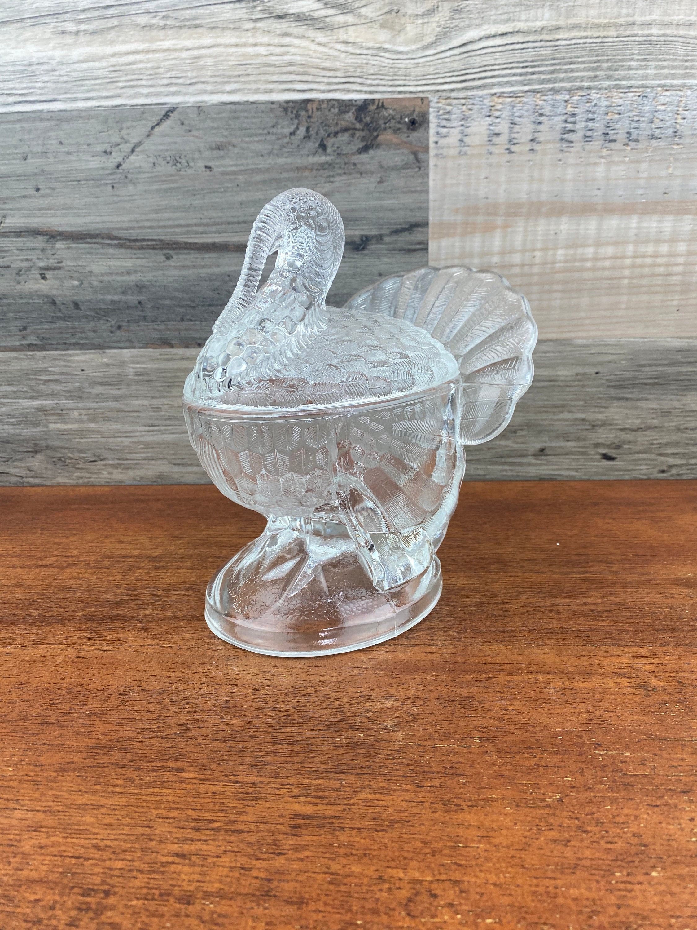 Vintage L.E. Smith Clear Glass Turkey Lidded Candy Dish, Thanksgiving ...