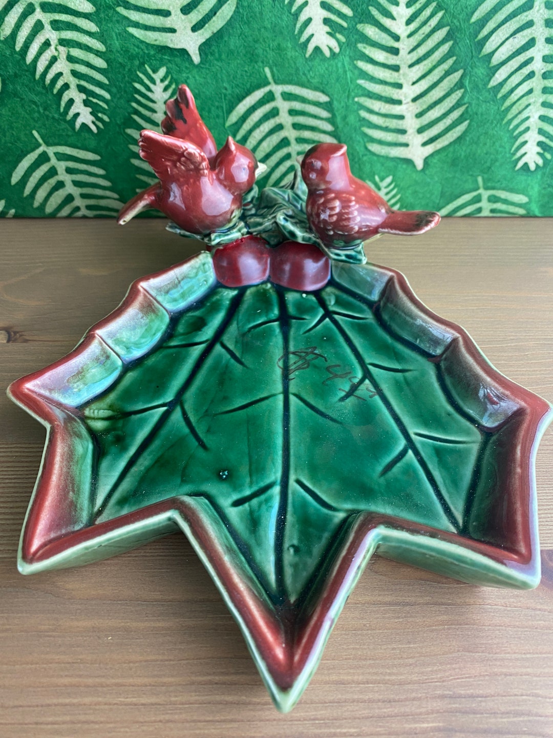 Red Cardinal Bird Ceramic Candy Dish, Christmas Holiday Dish, Leaf ...