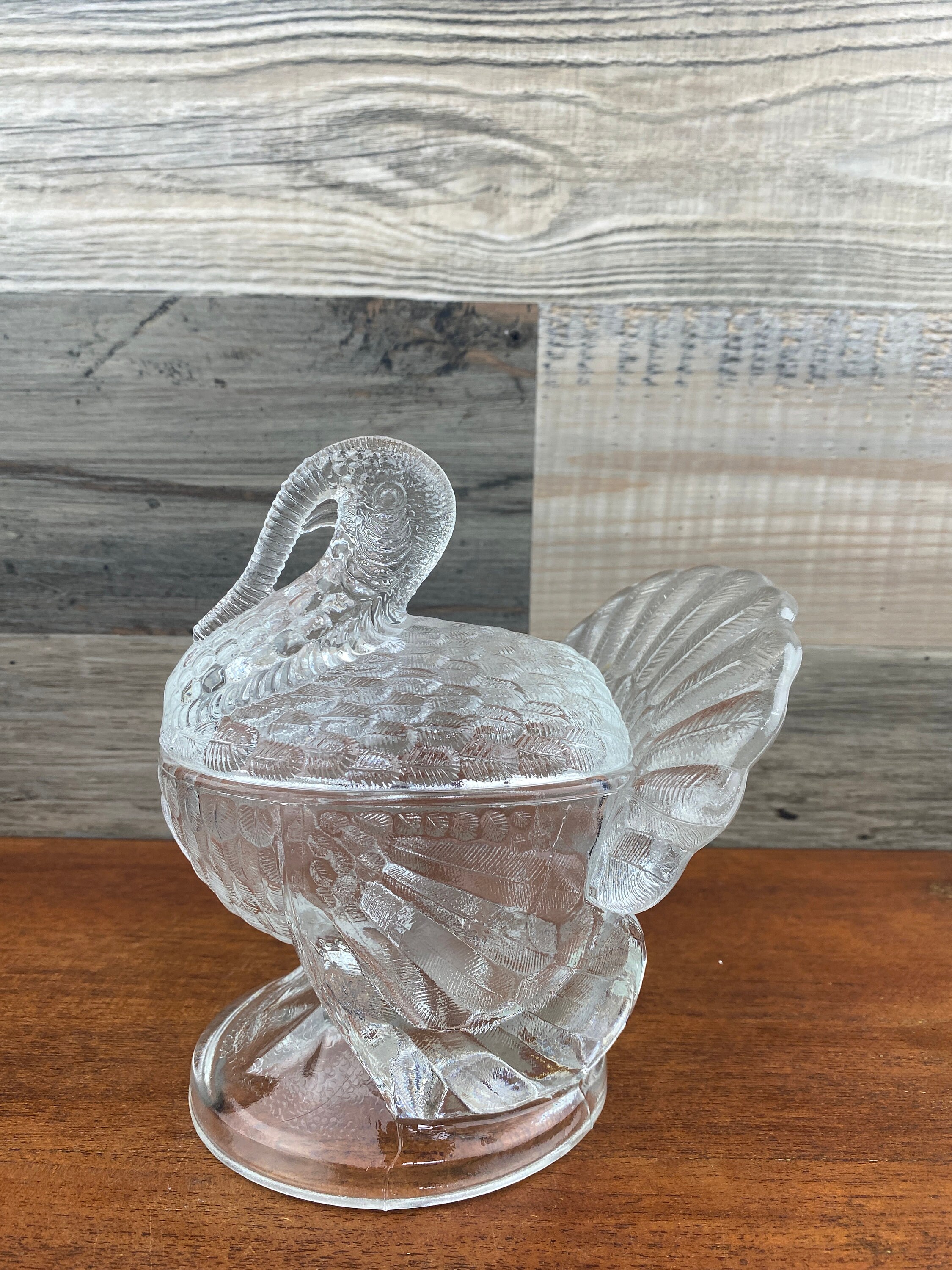 Vintage L.E. Smith Clear Glass Turkey Lidded Candy Dish, Thanksgiving ...