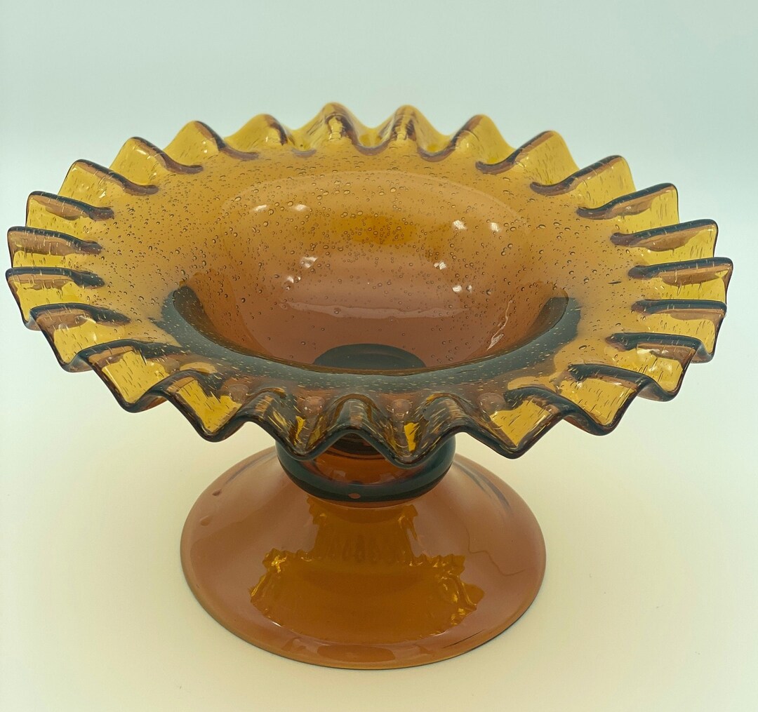 Vintage Hand-blown Spanish Art Glass Riffled Pedestal Bowl | Amber ...