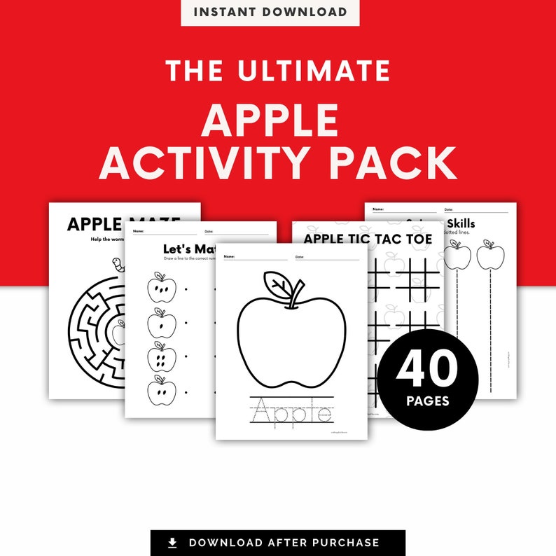 Apple Activity Pack for Kids: Printable Apple Worksheets (PDF Download ...