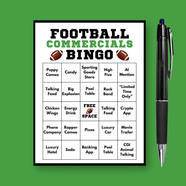 Football Commercials Bingo | Big Game Party, 30 Printable Cards ...