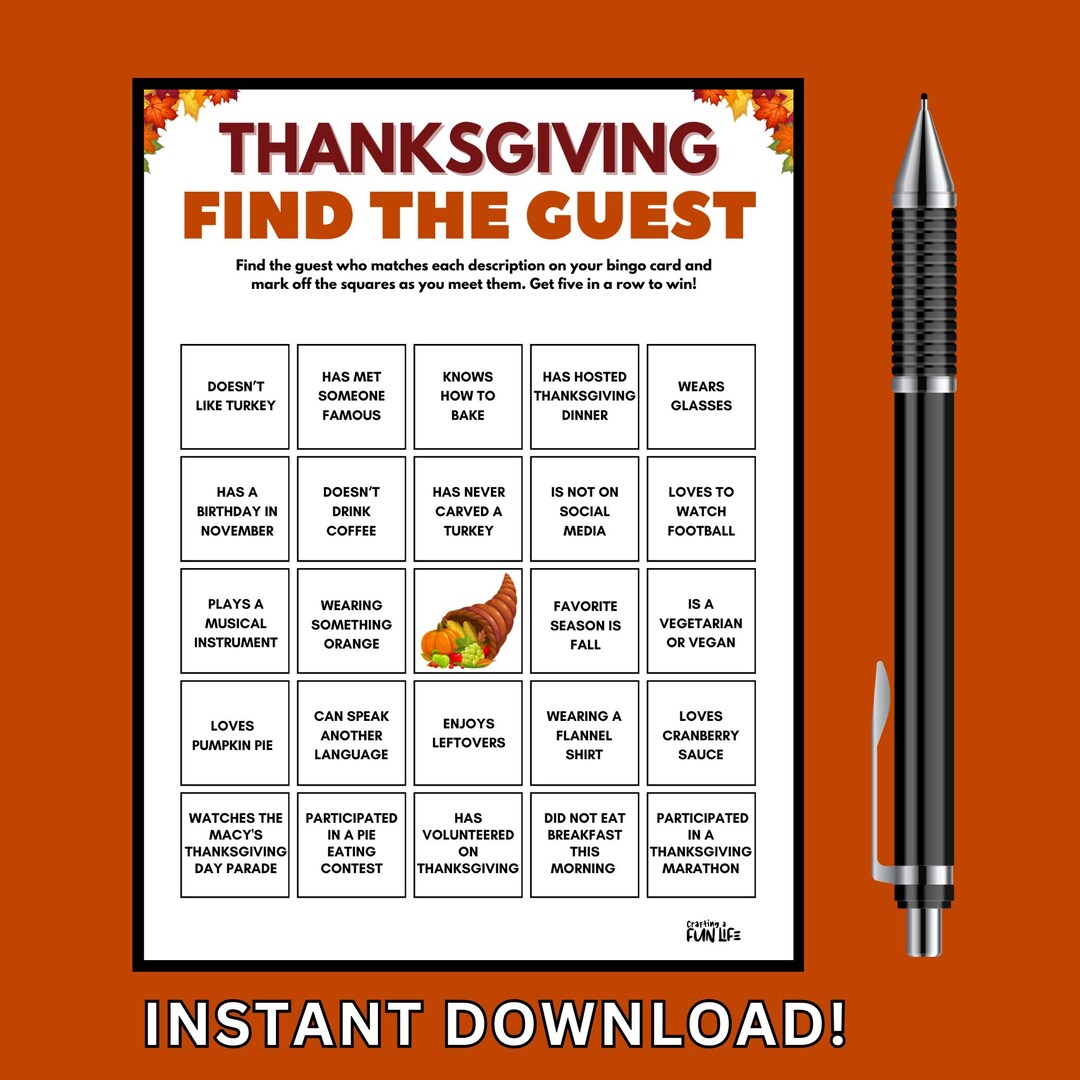 Thanksgiving Find the Guest Bingo Game, Thanksgiving Printable Games ...