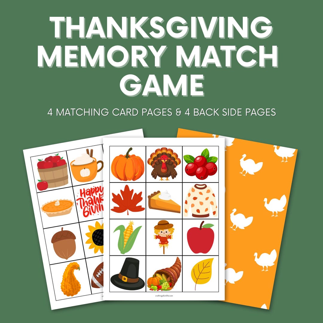 Thanksgiving Memory Match Game for Kids, Memory Match Game, Preschool ...