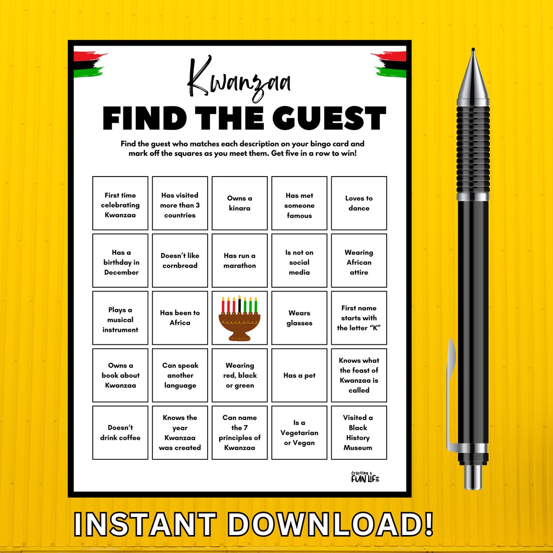 Kwanzaa Find the Guest Bingo Game, Kwanzaa Games, Printable Kwanzaa ...