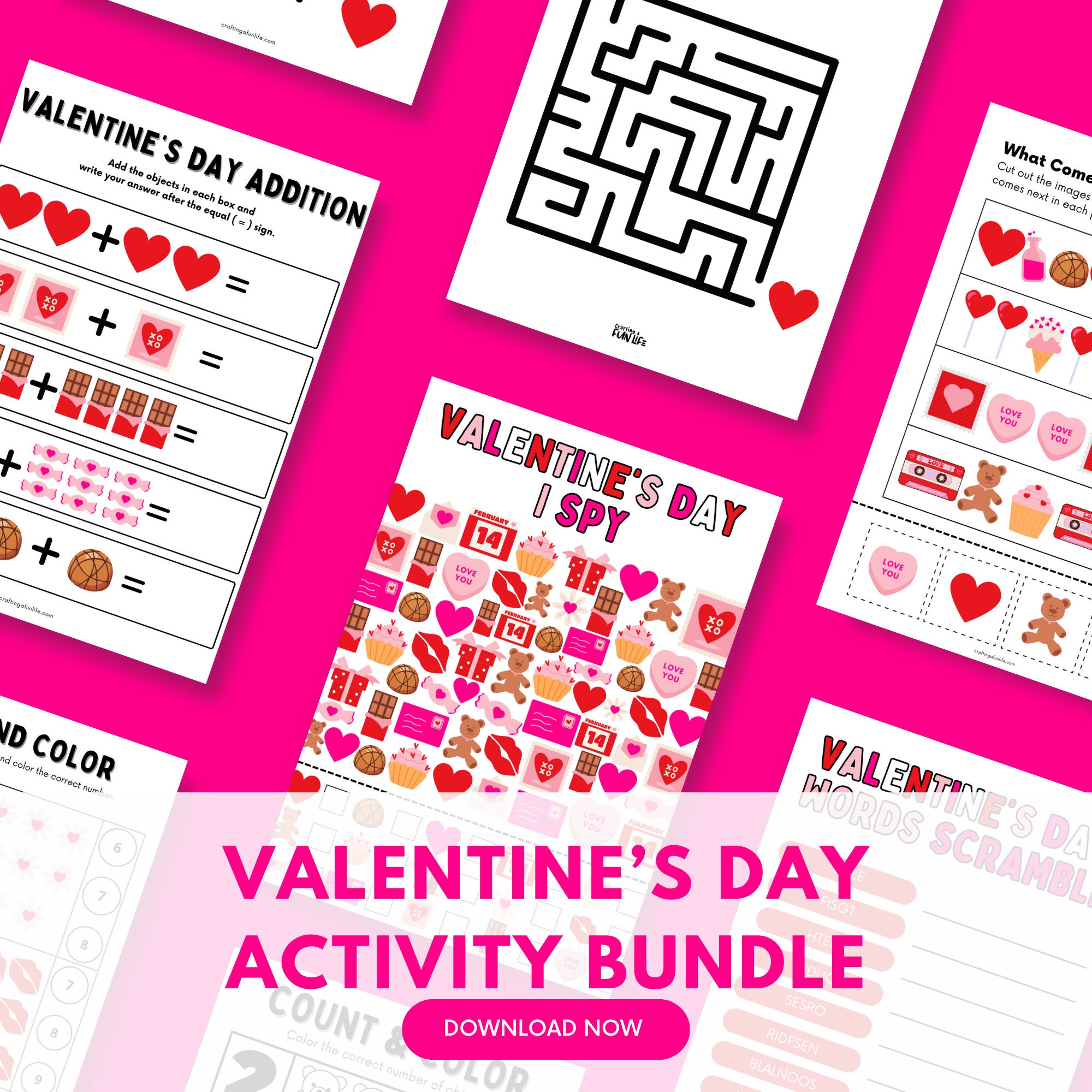 Valentine's Day Activity Bundle for Kids, Printable Worksheets, Word ...