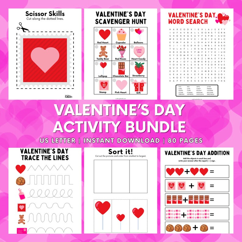 Valentine's Day Activity Bundle for Kids, Printable Worksheets, Word ...