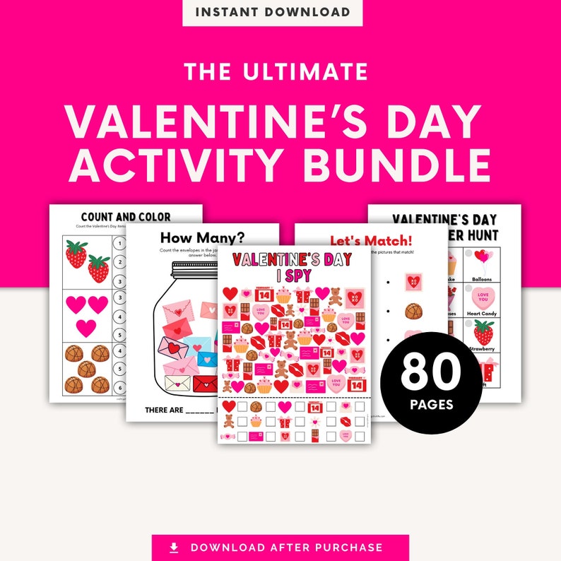 Valentine's Day Activity Bundle for Kids, Printable Worksheets, Word ...