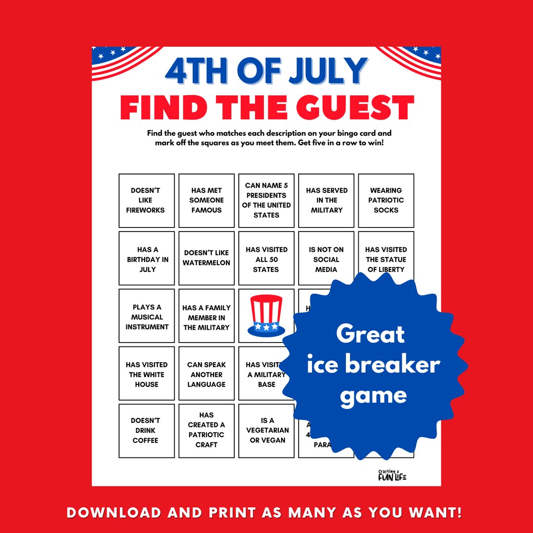 4th of July Find the Guest Bingo Game: Independence Day Party (PDF) - Etsy