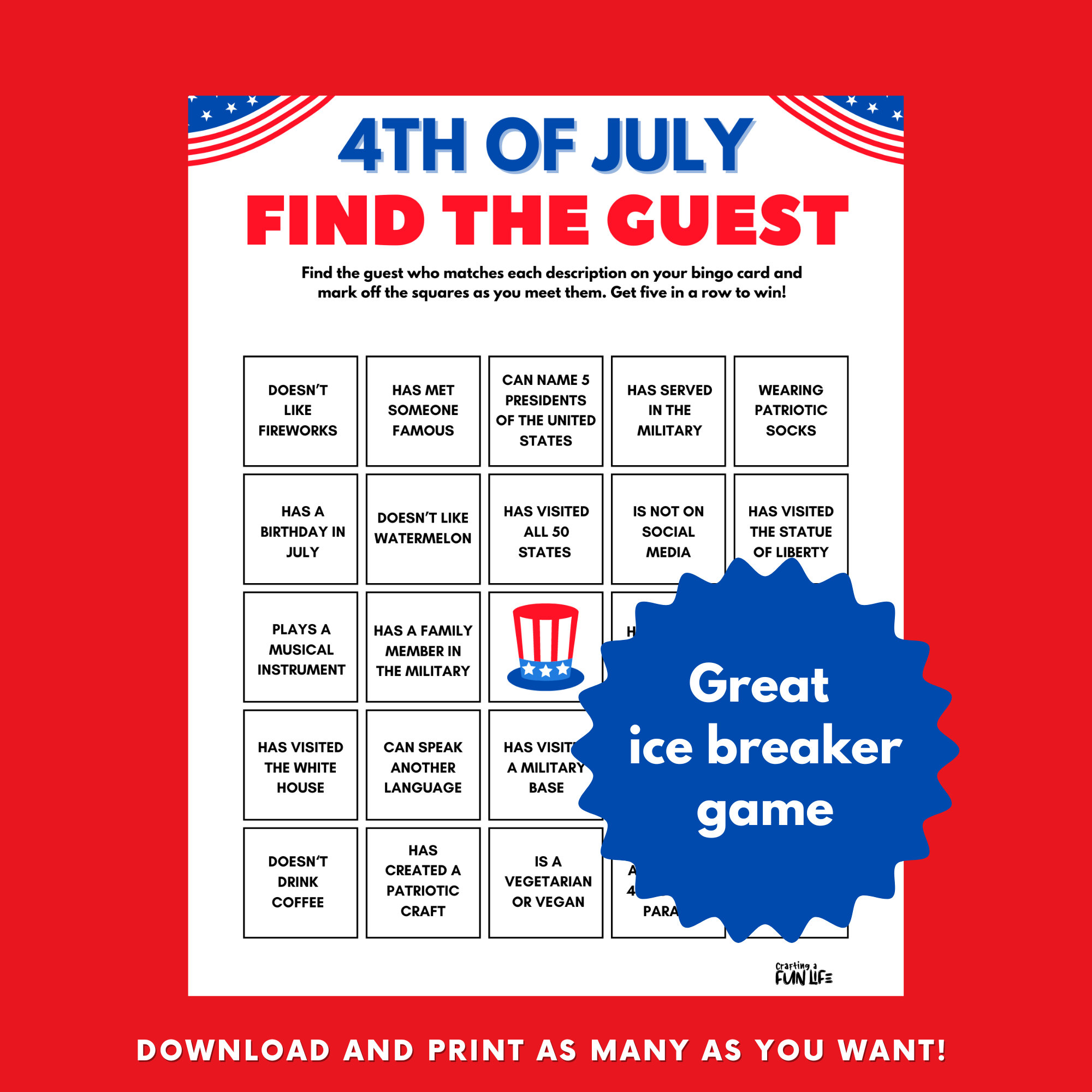 4th of July Find the Guest Bingo Game: Independence Day Party (PDF) - Etsy