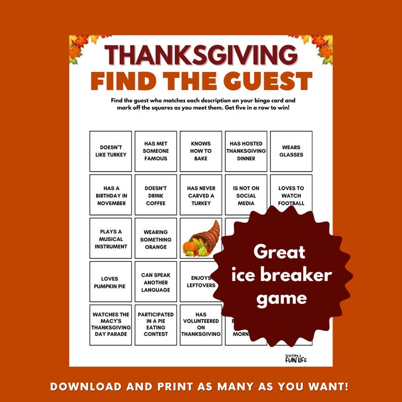 Thanksgiving Find the Guest Bingo Game (PDF) - Etsy